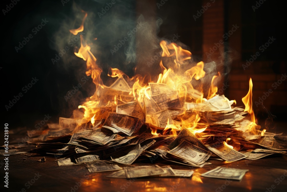 Money burning. Banknotes and fire. Generated with AI Stock Photo ...