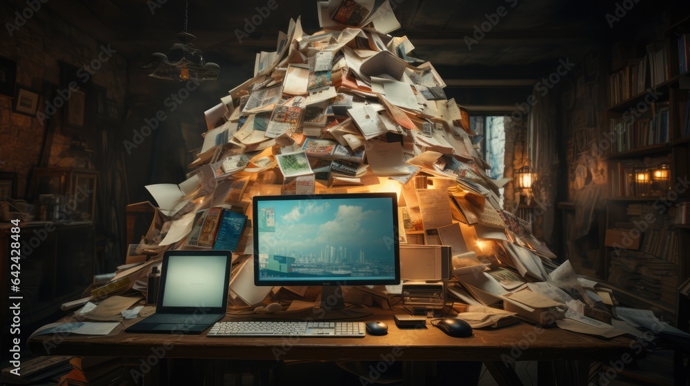 Concept of Information Overload. A computer monitor displays an ...