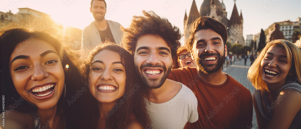 Multicultural Young Men and Women Taking a Backlit Selfie Outdoors ...