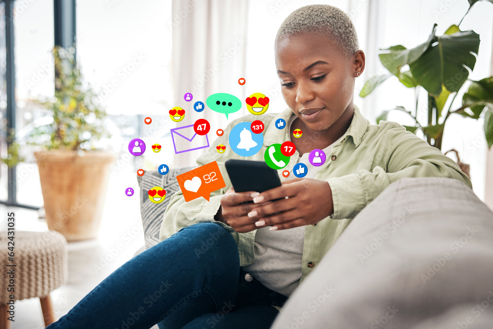 Black woman on sofa with phone, browse and emoji on social media ...