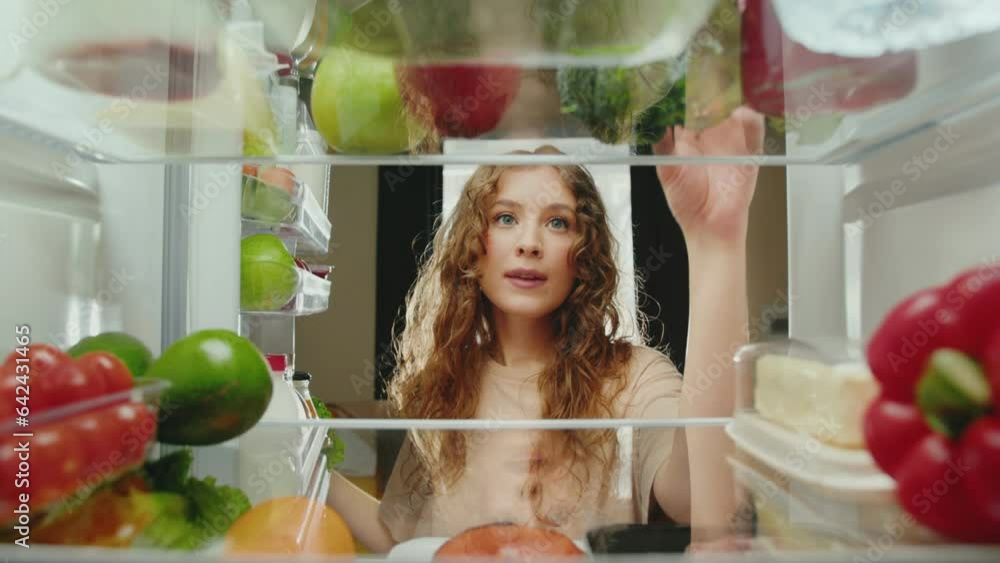 Young Woman Opening Fridge Door with Healthy Food and Taking Products ...