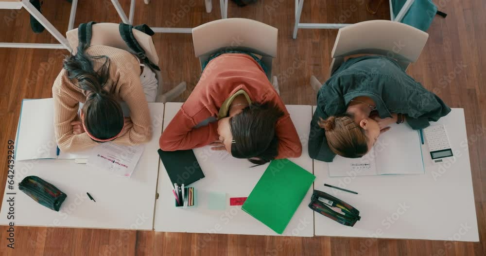 Tired, sleeping and top view of students in classroom, high school and ...