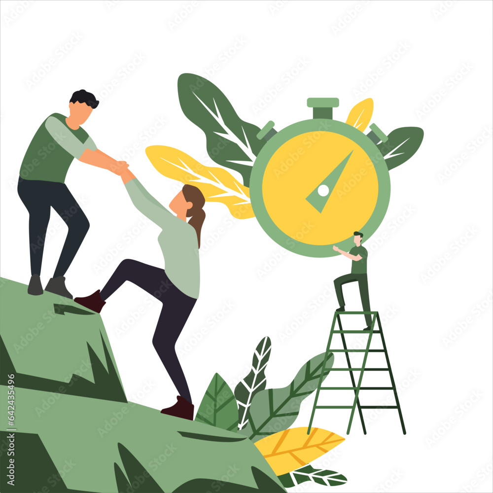 couple is climbing a dream, hold clock alarm ring,people going up ...