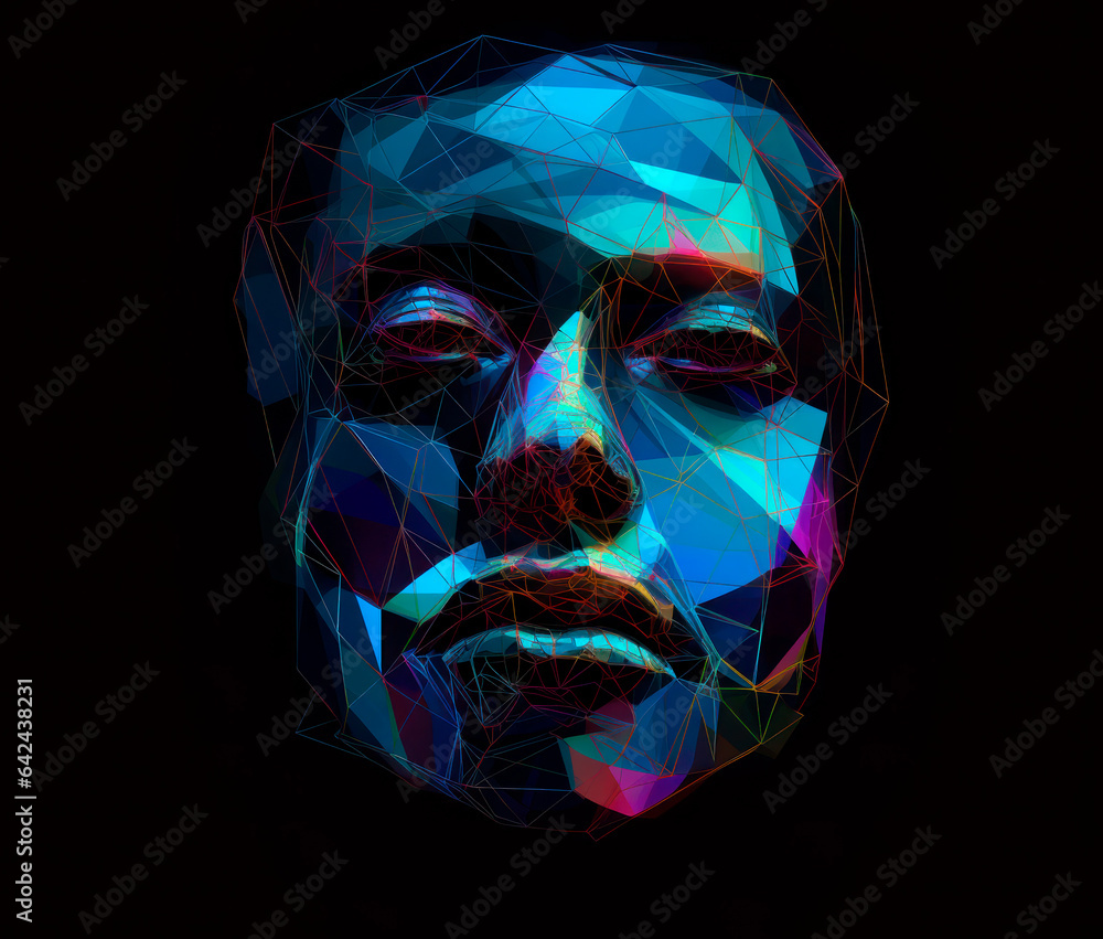 triangular artwork depicting a male face, in the style of realistic ...