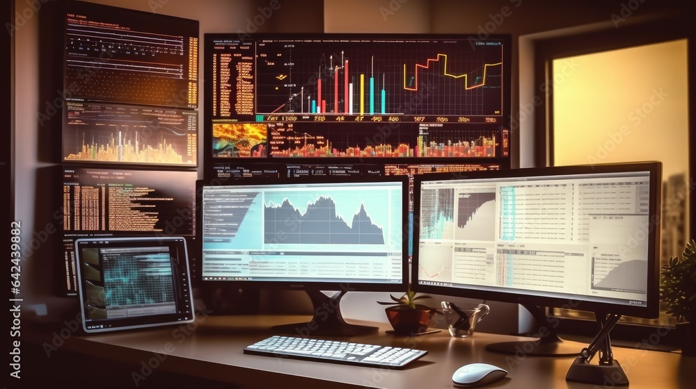 The side view of a multi computer screen displaying multiple financial ...