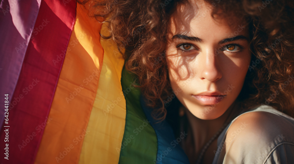 Unrecognizable young woman placing a rainbow flag vertically in front of her face. LGTBIQ ...