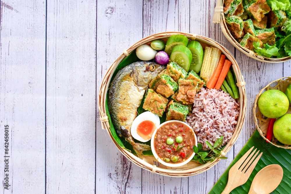 Thai spicy shrimp paste dipping sauce ( Nam prik kapi )with cooked rice ...