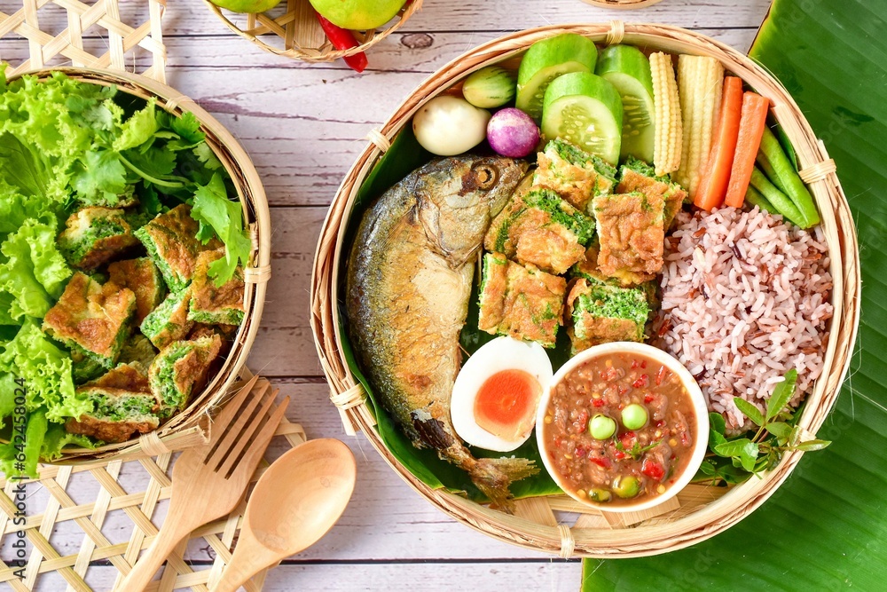 Thai spicy shrimp paste dipping sauce ( Nam prik kapi )with cooked rice ...