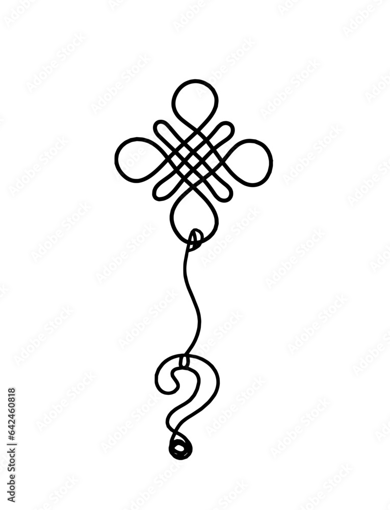 Sign of endless auspicious knot with question mark as line drawing on ...