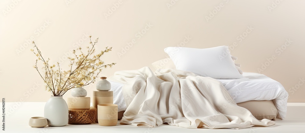 Clean bed linen stacks isolated on white background for banner design ...
