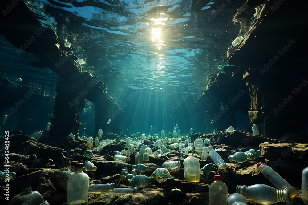 plastic waste and bottles garbage undersea or ocean bottom as wide ...