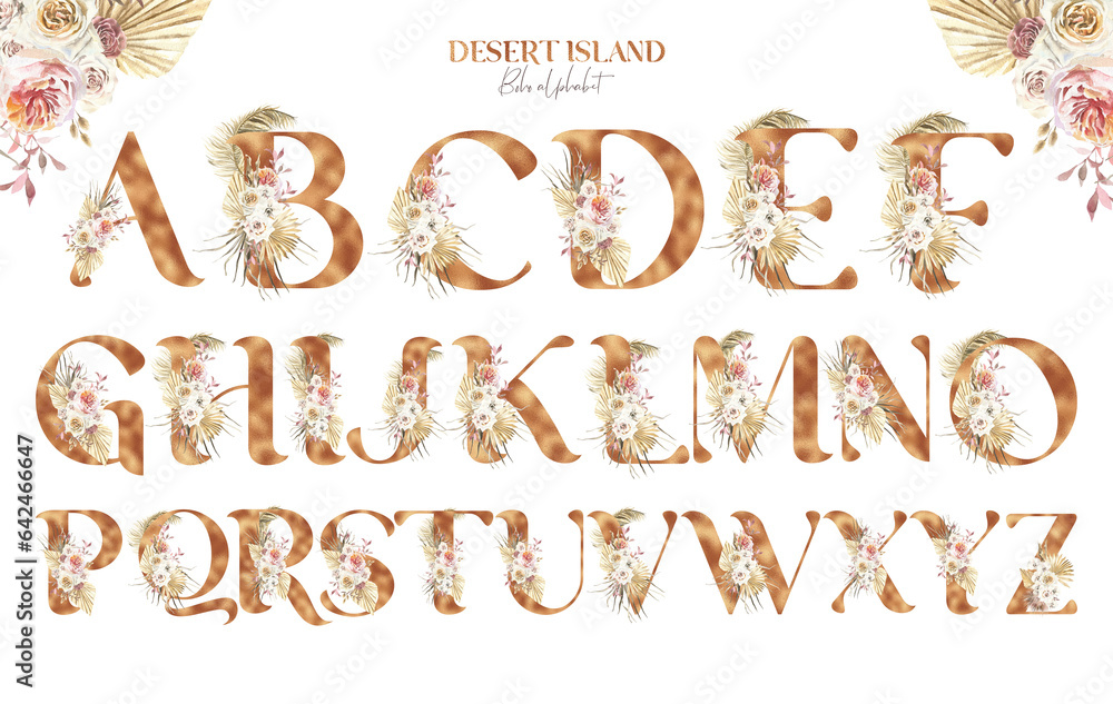 Watercolor Boho Alphabet, dried flowers,palm, rose floral set letters A ...