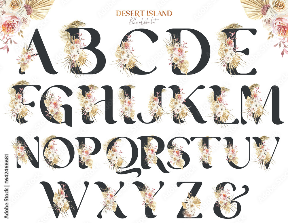 Watercolor Boho Alphabet, dried flowers,palm, rose floral set letters A ...