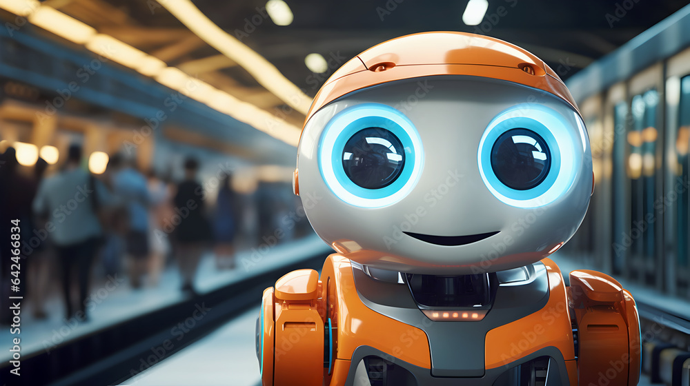 Charming kind robot android with big blue eyes standing on platform of ...