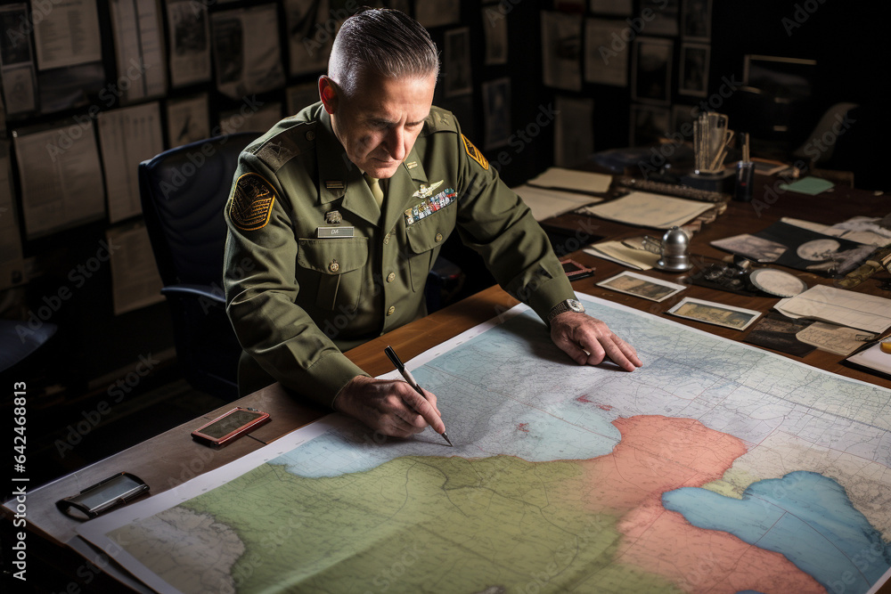 Military officer reviewing maps during battle. Stock Photo | Adobe Stock