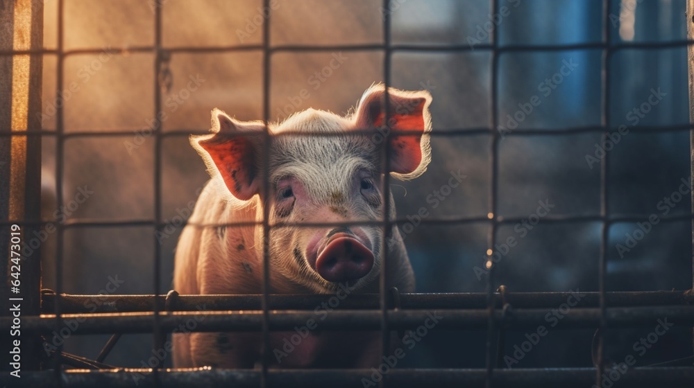 Sad artwork of a pig in a cage on a factory farm.Generative AI Stock ...