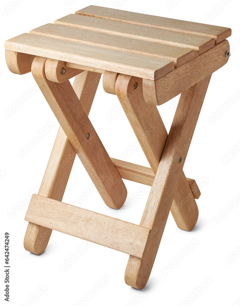close-up of foldable wooden stool isolated on white background ...
