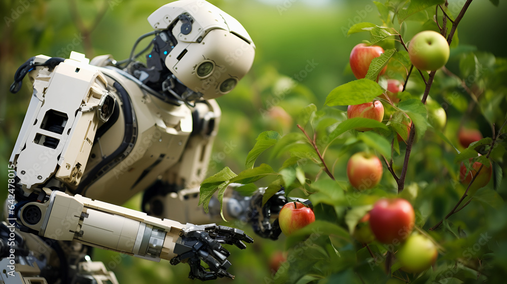 Foto de Robot android harvesting apples in fruit farm garden, ai ...