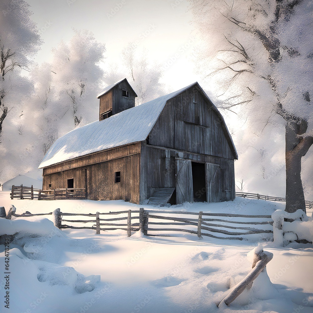 Rustic wooden barn with old fence, cupola, and frosty trees in winter ...