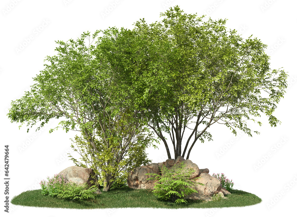 Group of trees among the rocks. Cutout trees isolated on transparent ...