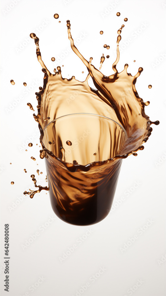 splash of coffee from a fallen cup, isolated background, hyper ...
