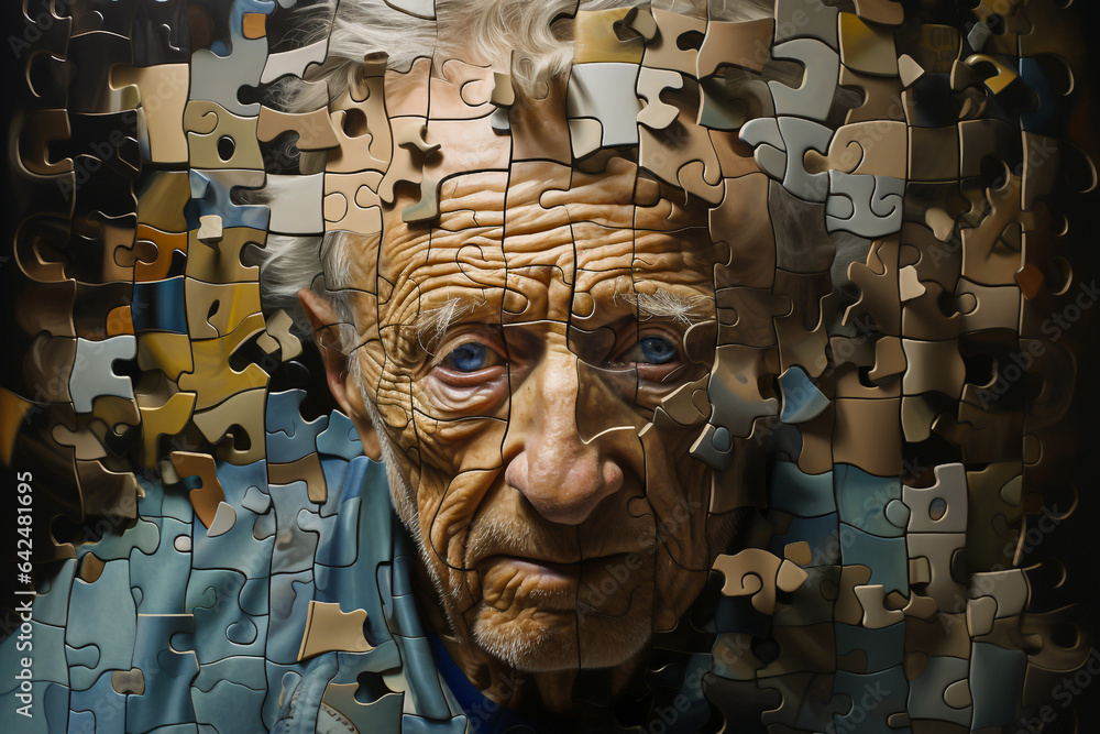 portrait of a sick senior man with puzzle pieces on his face. Mental ...
