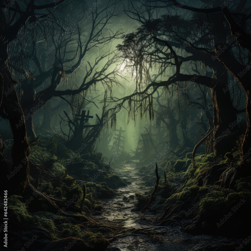 Wicked Forest Create an eerie forest scene filled with twisted trees ...