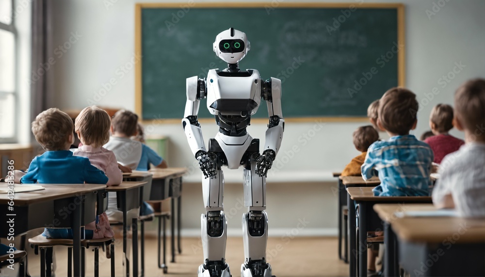 School classroom chalkboard with humanoid education robot teacher ...