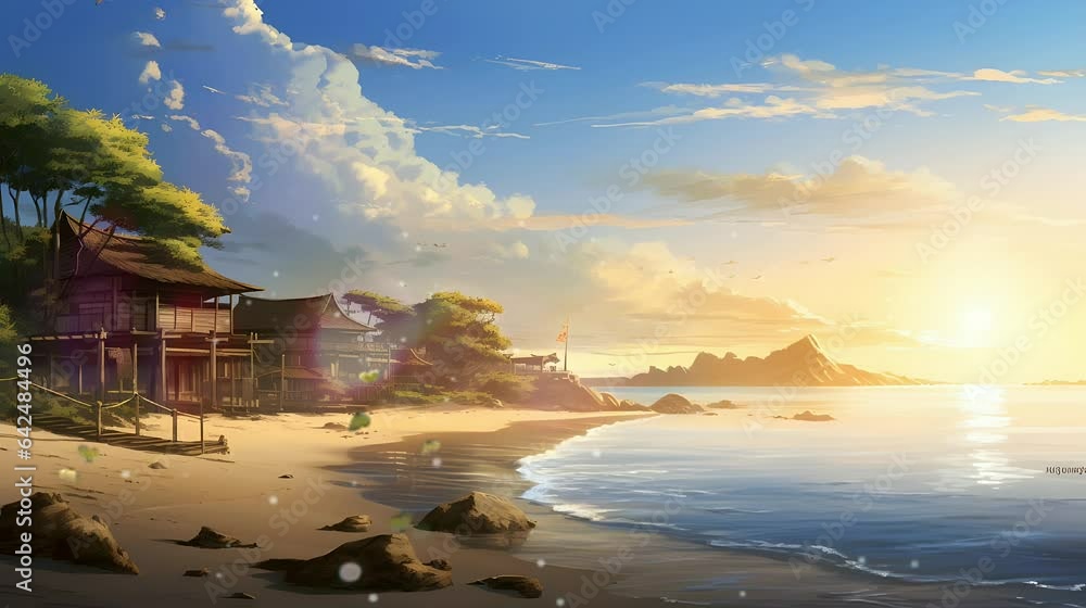 Anime-Style Coastal Village: Traditional Homes, Tiled Roofs ...