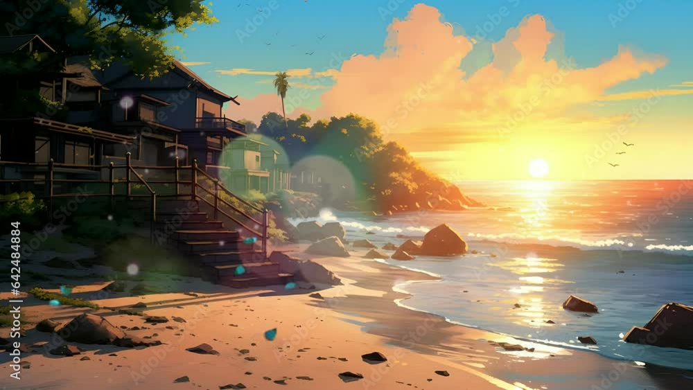 Anime-Style Coastal Village: Traditional Homes, Tiled Roofs ...