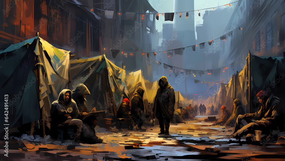 Poverty and homelessness digital illustration, show wealth inequality ...
