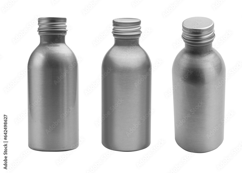 Pharmacy metal pill bottle with a metal screw cap. Three angles of view ...