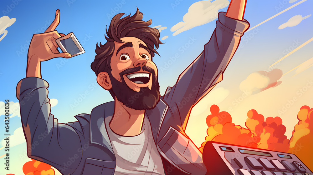 cartoon illustration of a man with a beard and a phone in his hand ...