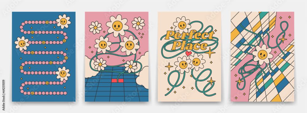 Collection of bright groovy posters 70s. Retro poster with psychedelic ...