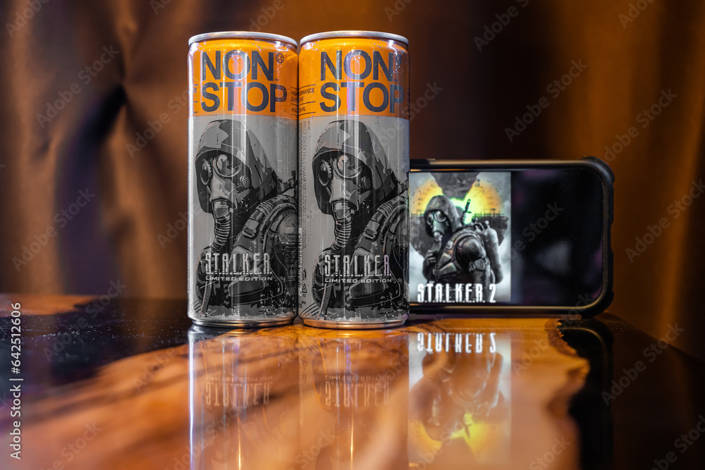 Kyiv, Ukraine - 02 September 2023: Cans Non Stop Stalker energy drink ...