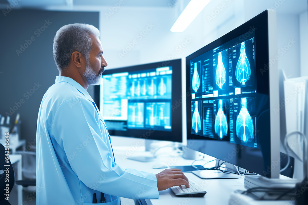 Black man Neurologist Looks at Screen with MRI Scan and diagnose. Stock ...