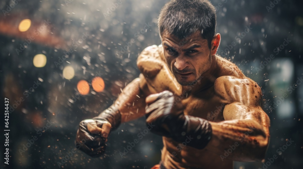 a closeup photo of a professional martial arts fighter having a fight ...