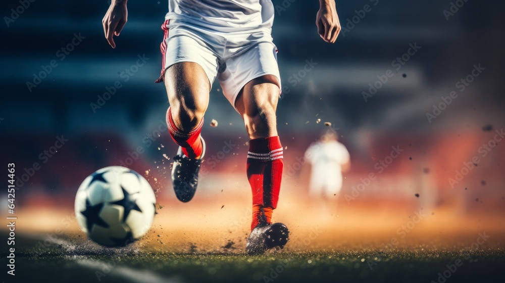 close-up photo of a professional soccer player playing football on a ...