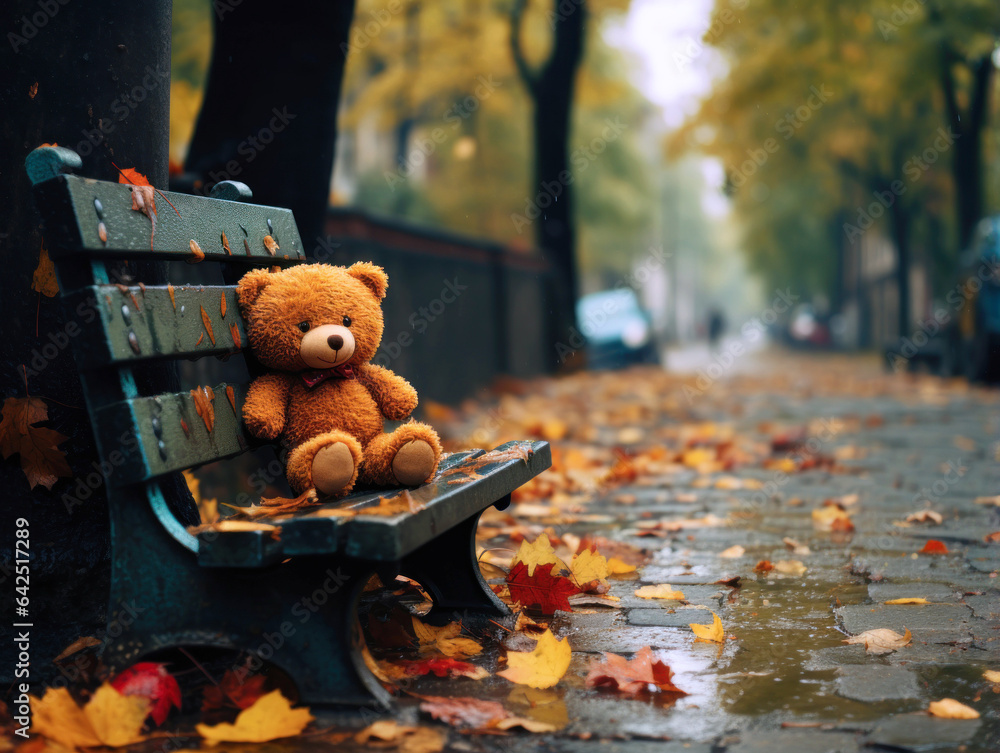 forgotten teddy toy bear on a wet bench with fallen autumn leaves on a ...