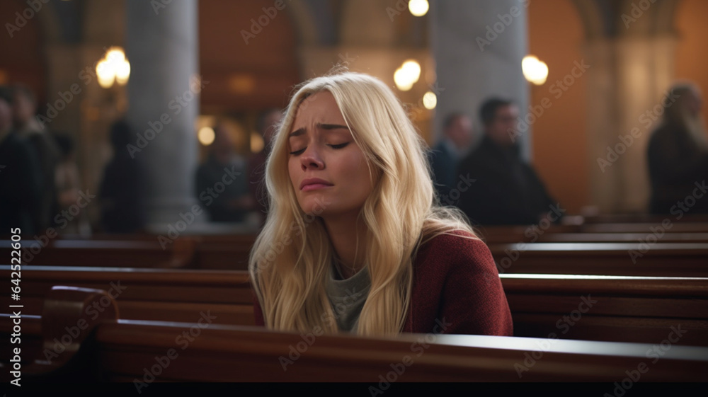 young adult woman, crying or grieving, in a church, loss and anger ...
