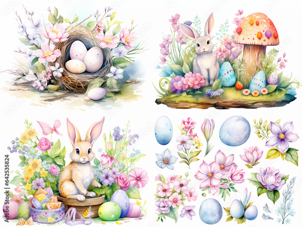 Easter bunny theme clipart set with white background. Spring pastel ...