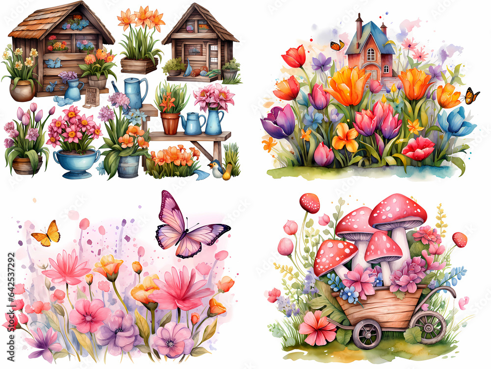 Watercolor spring theme isolated botanical clipart set on a white ...