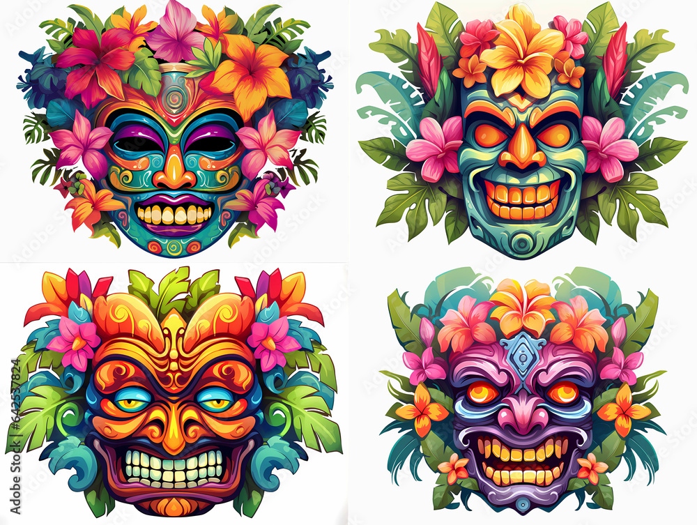 Hawaiian tiki head totem mask clipart set isolated on a white ...