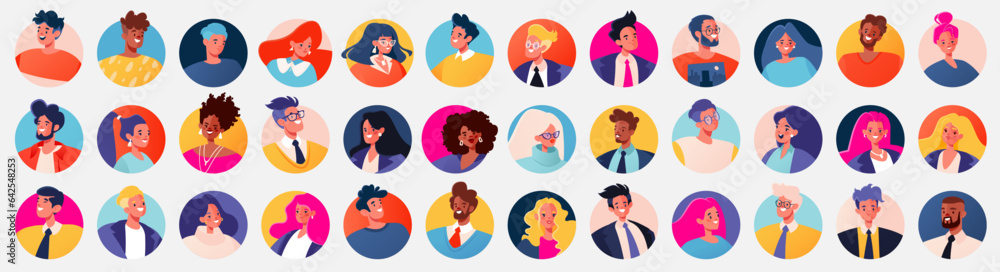 Set of portraits, avatars, icons with cute vector characters in flat ...