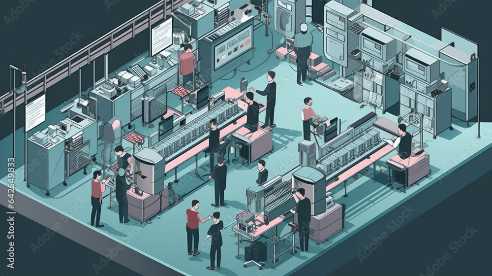 Vector illustration, a production line with workers, automation and user interface concept: user ...