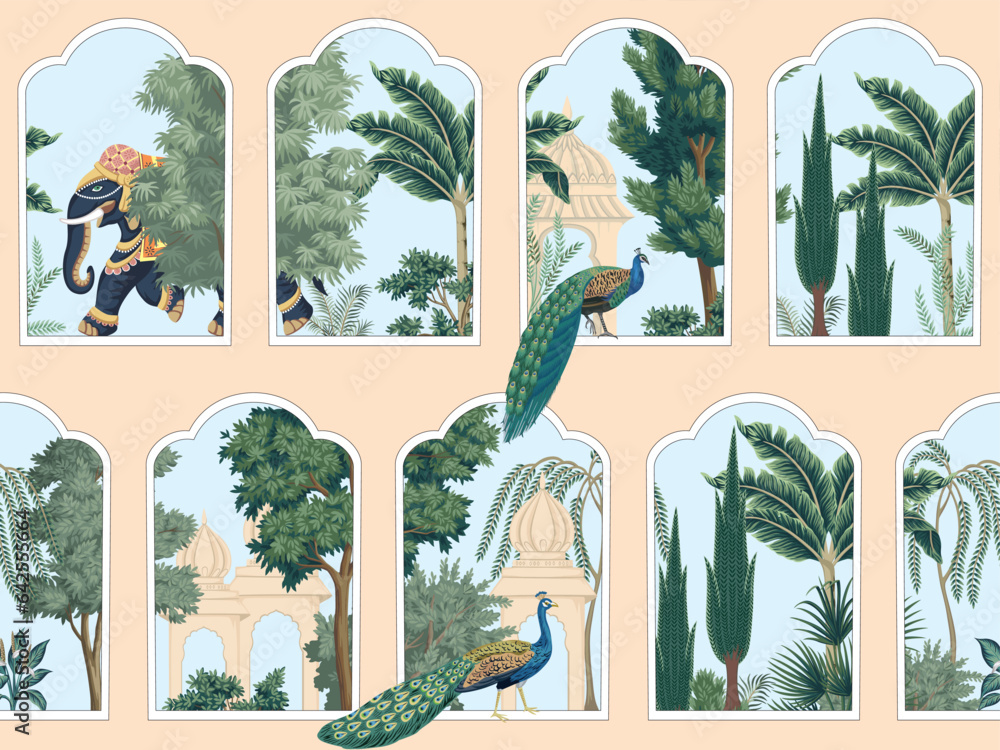 Indian gallery with elephant, peacocks, palms, trees seamless pattern ...