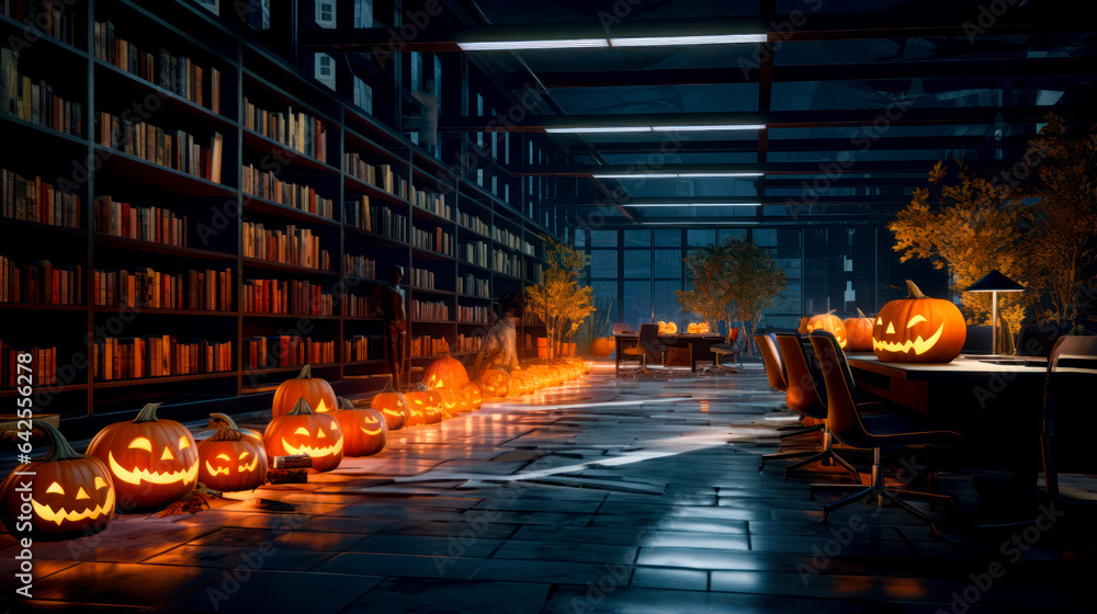 Library filled with lots of books and lots of jack o lantern pumpkins ...