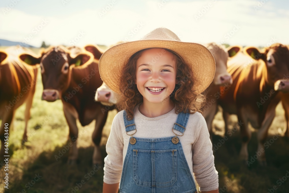 Happy child, farming and fun learning to care for animals, cows and ...