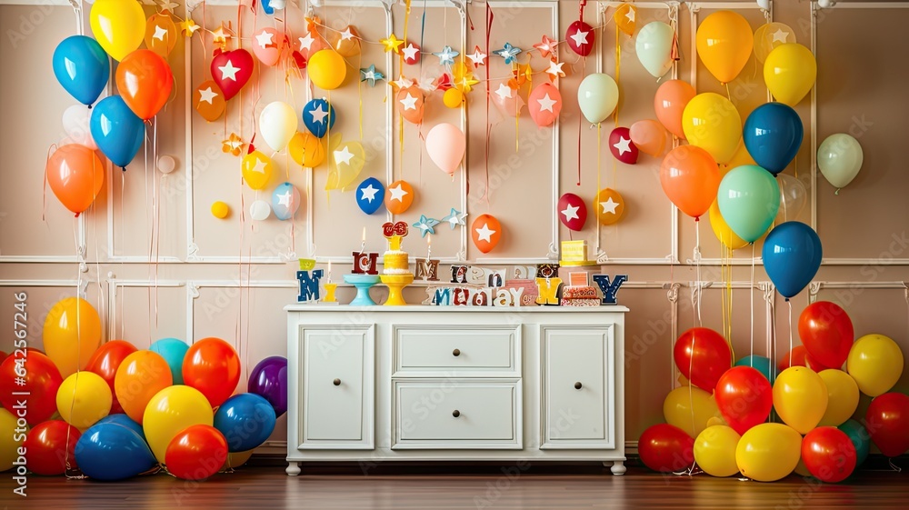 a wall adorned with colorful birthday decorations, including balloons ...