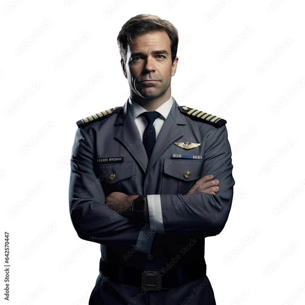 Pilot standing with arms crossed looking ahead in an airplane over a ...